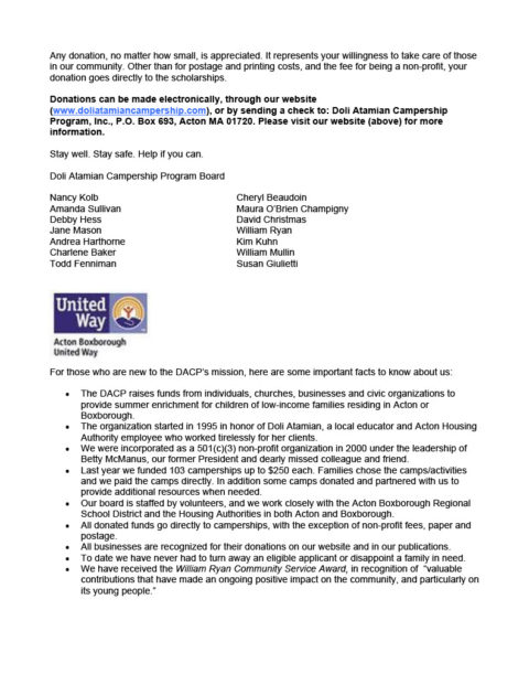 Donation Letter to Friends 4-2020 | The Doli Atamian Campership Program