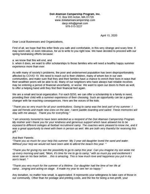 Donation Letter to Businesses 4-2020 | The Doli Atamian Campership Program