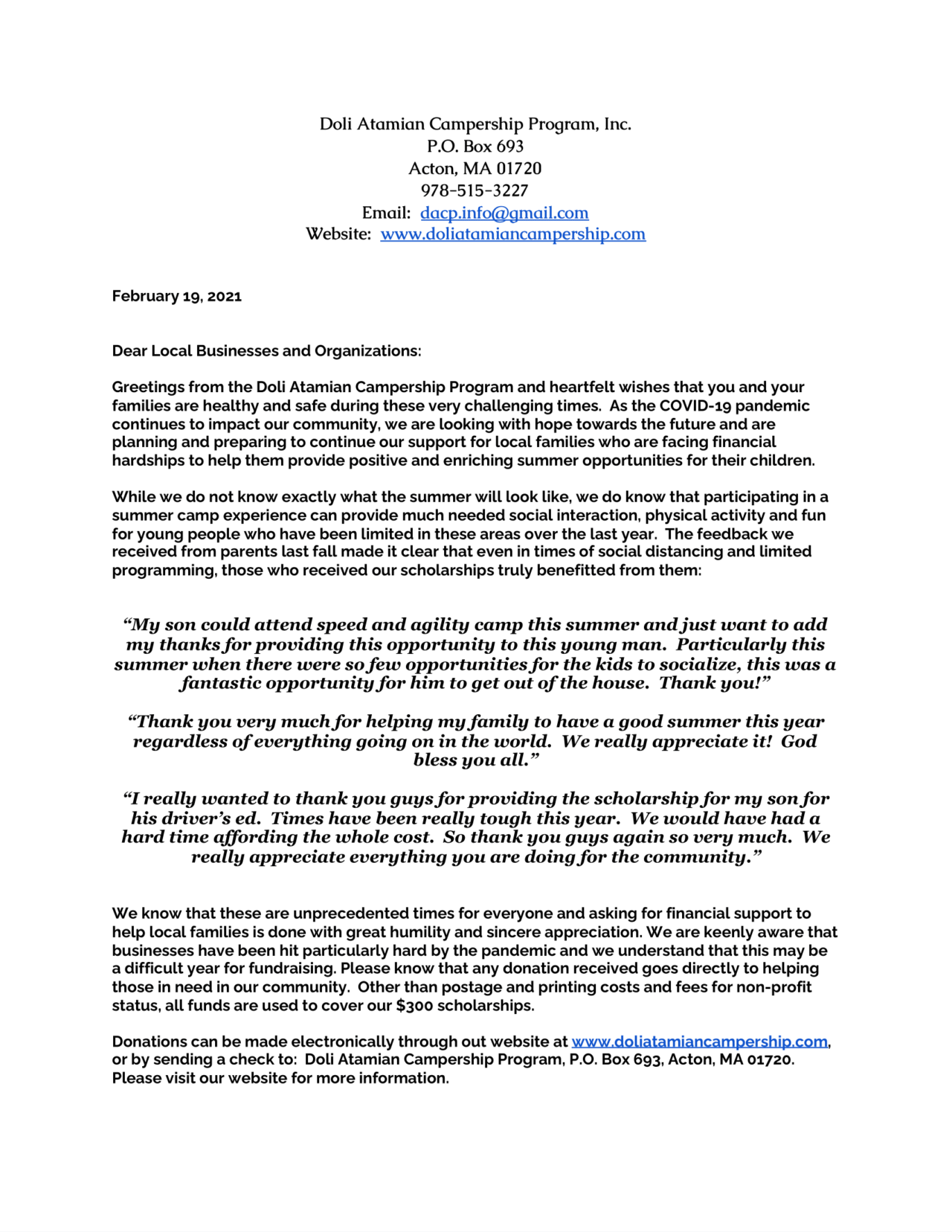 Donation Letter to Businesses 2-2021 | The Doli Atamian Campership Program